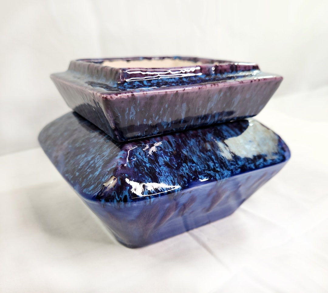 Small Ceramic Purple and Blue 2 Piece Plant Pot W/ Water Tray Built-in ...