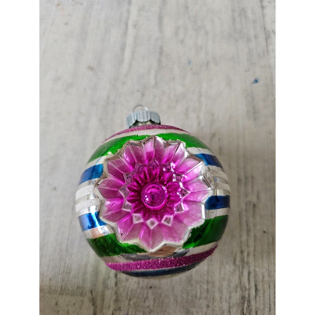 Vintage Radko Shiny Brite Reflector Pink Indent Glitter Striped Green ...