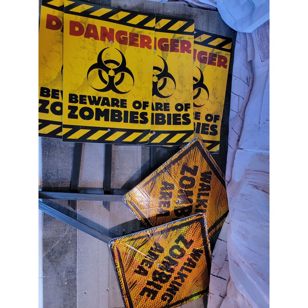 Halloween Beware Zombie Danger Hazard Sign Lawn Decor Scary Yellow Set ...