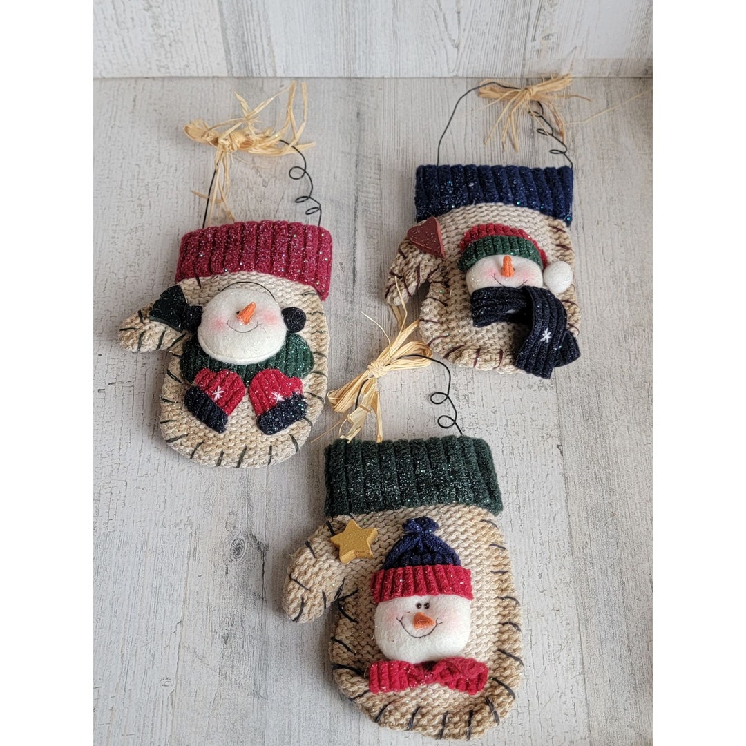 Plush Snowman Mitten Ornament Set Glitter Xmas Decor - Etsy