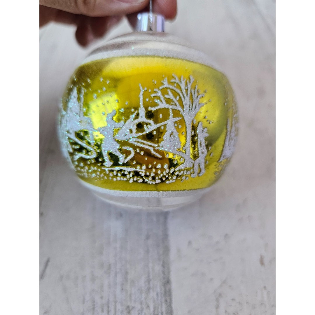 Yellow Shiny Brite Ice Skating Radko Ball Ornament Yellow Silver Xmas ...