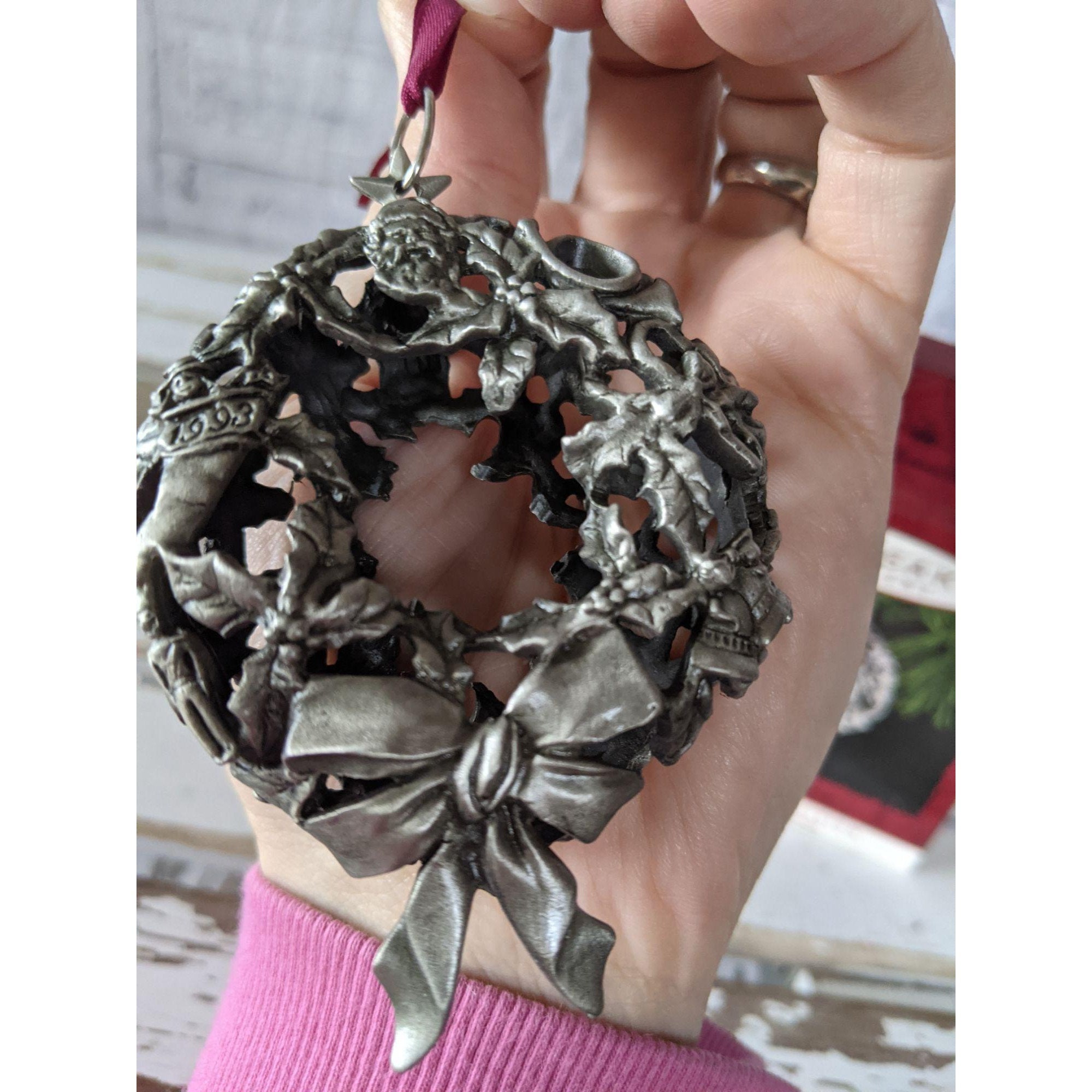 Hallmark glowing pewter wreath ornament 1993 Xmas holiday tree | Etsy