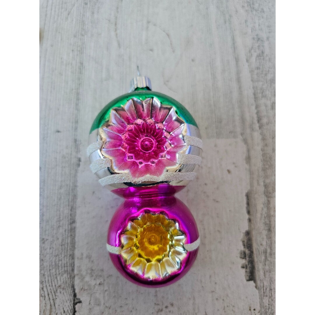 Vintage Shiny Brite Radko Red Color Reflector Double Ball Striped Green ...