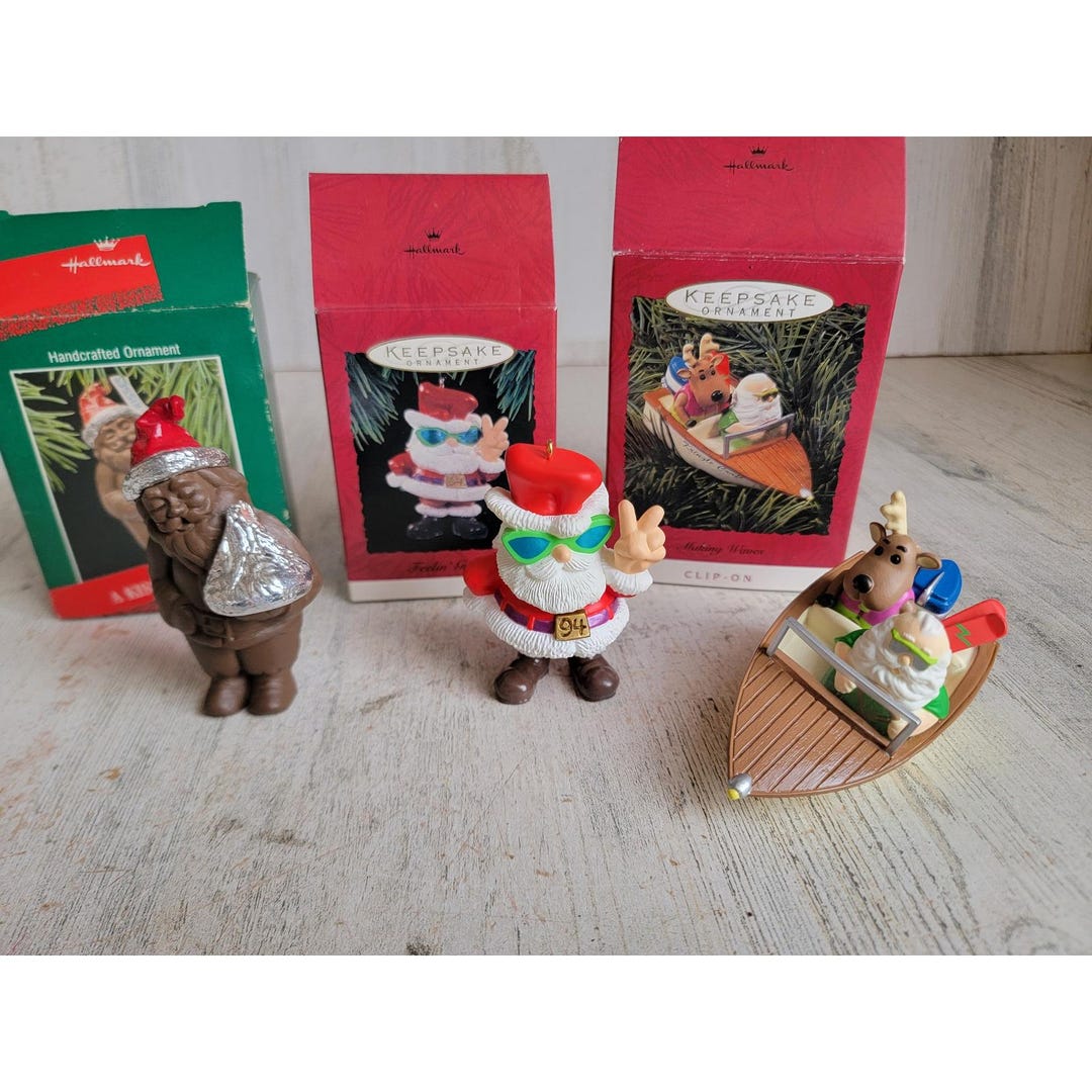 Hallmark Set Santa Kiss Hershey Groovy Boat Fishing Variety Ornament ...