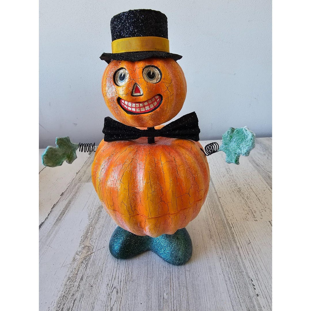 Vintage Paper Mache Pumpkin Bobble Spring Jack-o'-lantern Halloween ...