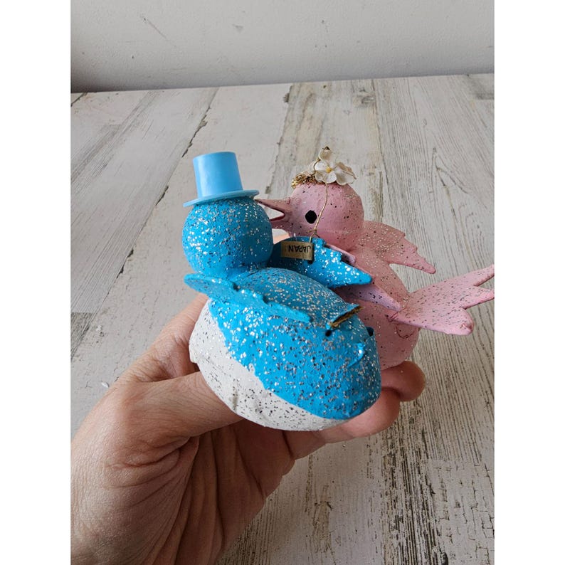 Vintage Paper Mache Blue Bird Putz ? Love Ornament Pink Xmas Tree Top ...