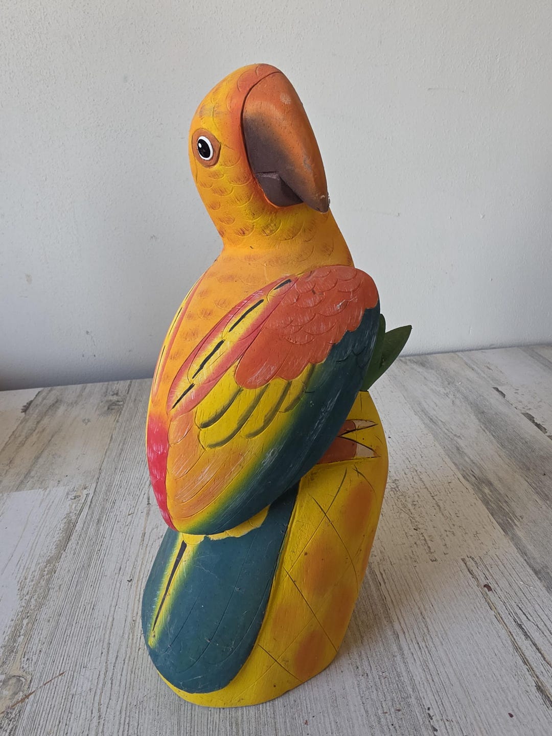 Wooden Parrot Pineapple Sculpture Wooden Macaw Bird Tropical Figurine ...