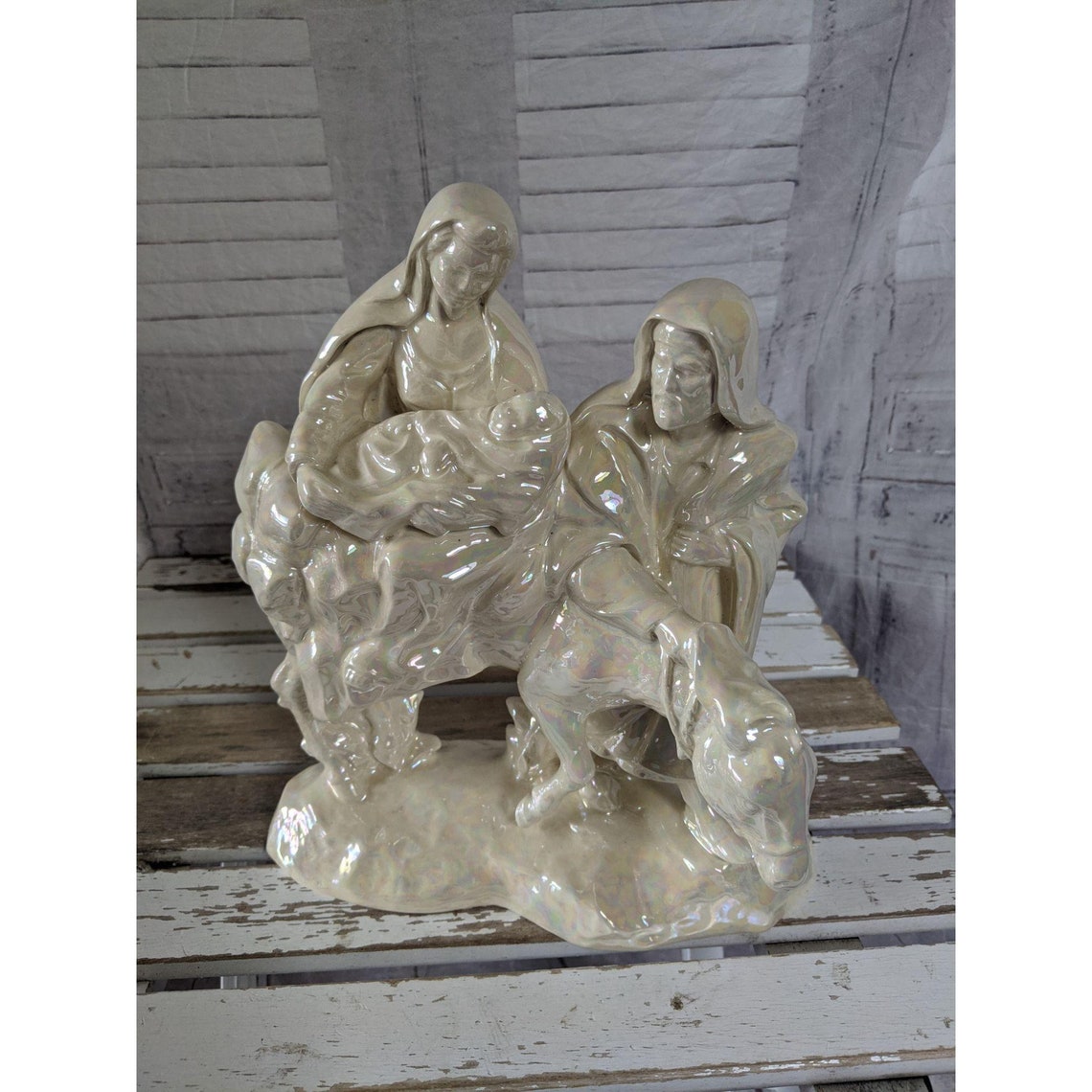 Iridescent nativity Joseph Mary donkey figurine Xmas statue | Etsy