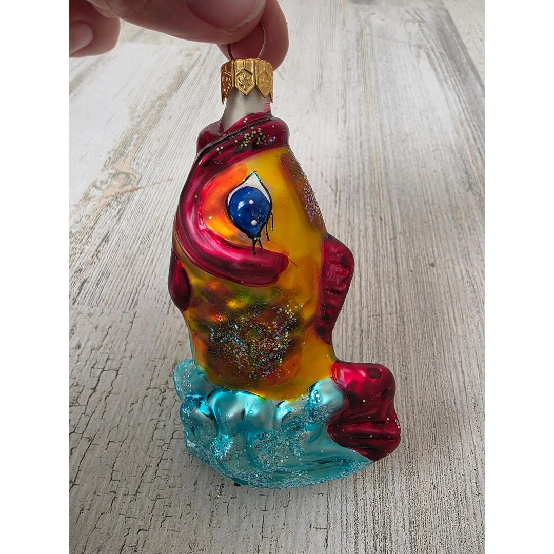 Vintage Radko Splash Fish Fisher Glass Ornament Water Nautical Xmas ...