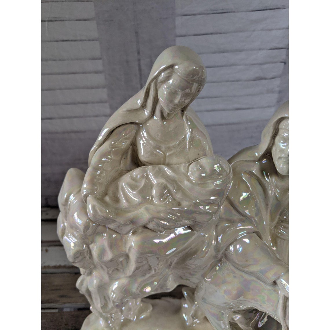 Iridescent nativity Joseph Mary donkey figurine Xmas statue | Etsy