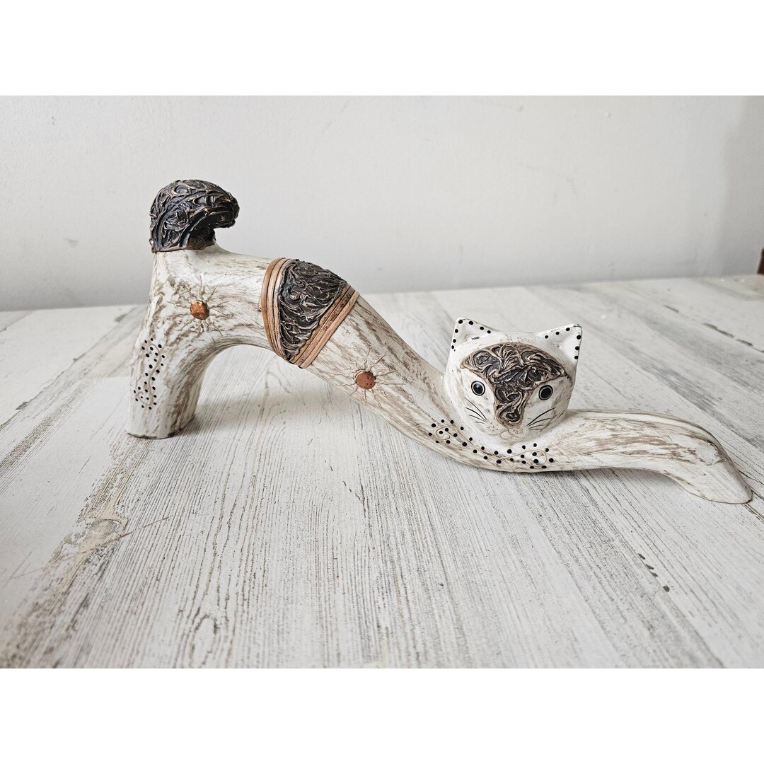 Serrv Wooden Cat Indonesia Statue Figurine Unique Calico Decor - Etsy