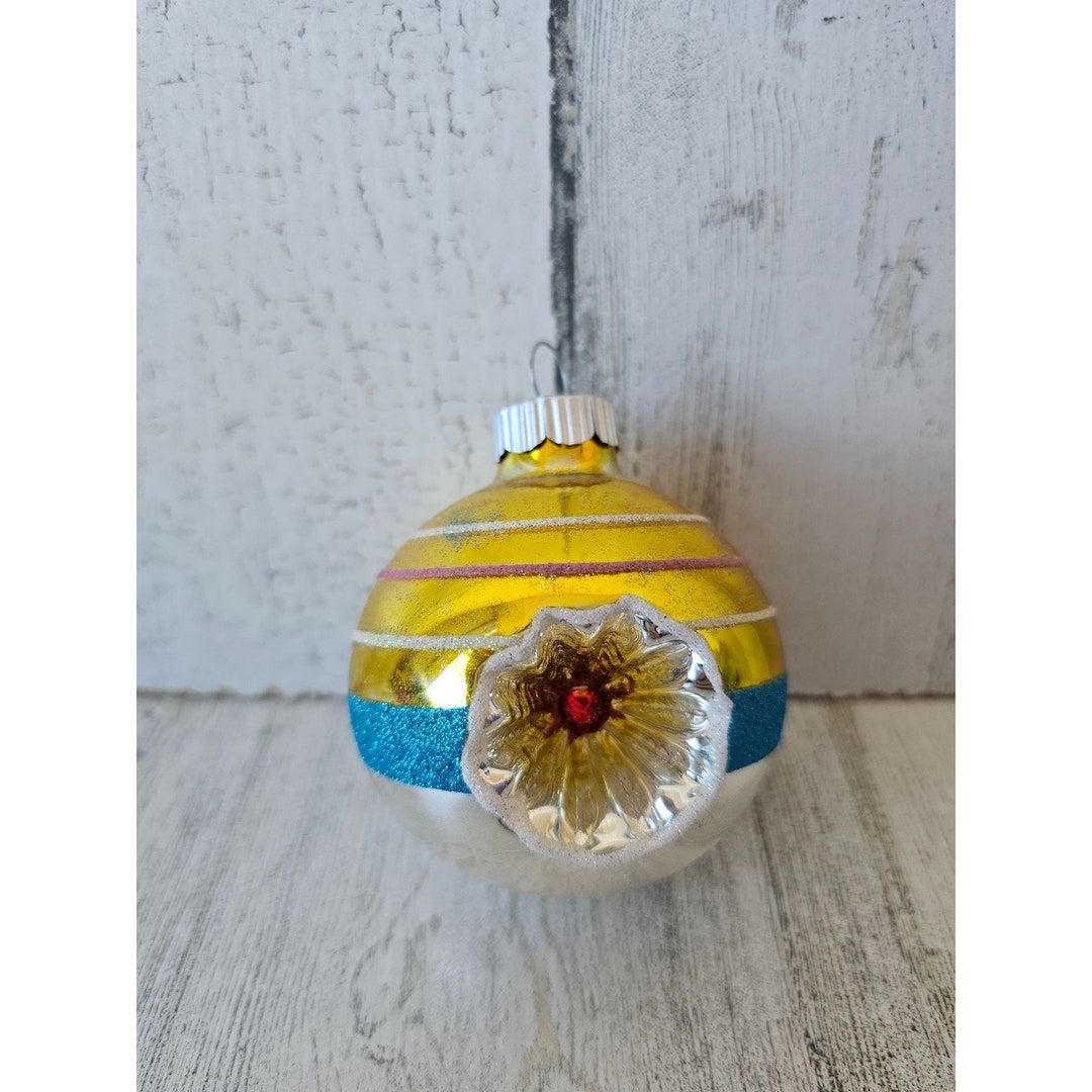 Shiny Brite Radko Reflector Yellow Ball Glitter Blue Ornament Xmas Tree ...