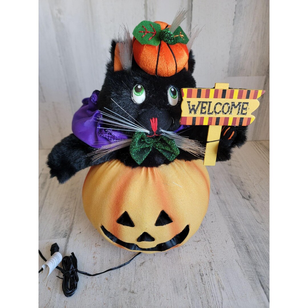 Fiber Optic AS IS Halloween Black Cat Pumpkin Home Decor Prop Vintage ...