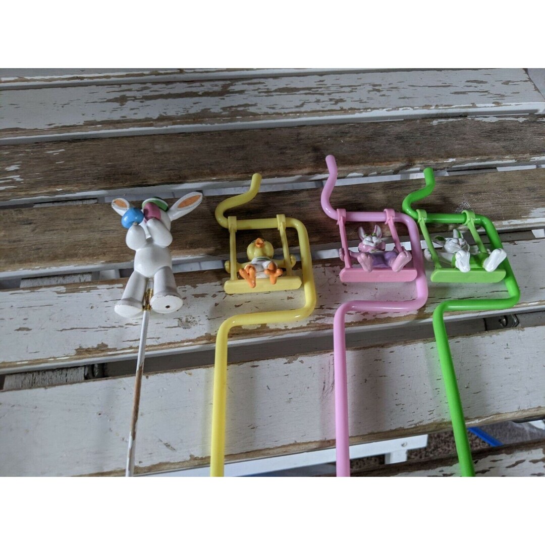 Vintage Bendable Easter Swinging Bunny Duck Straw & Wooden Rabbit Stick ...