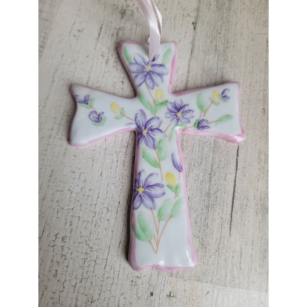 Ceramic Pink Purple Flower Cross Religious Bible Home Decor - Etsy
