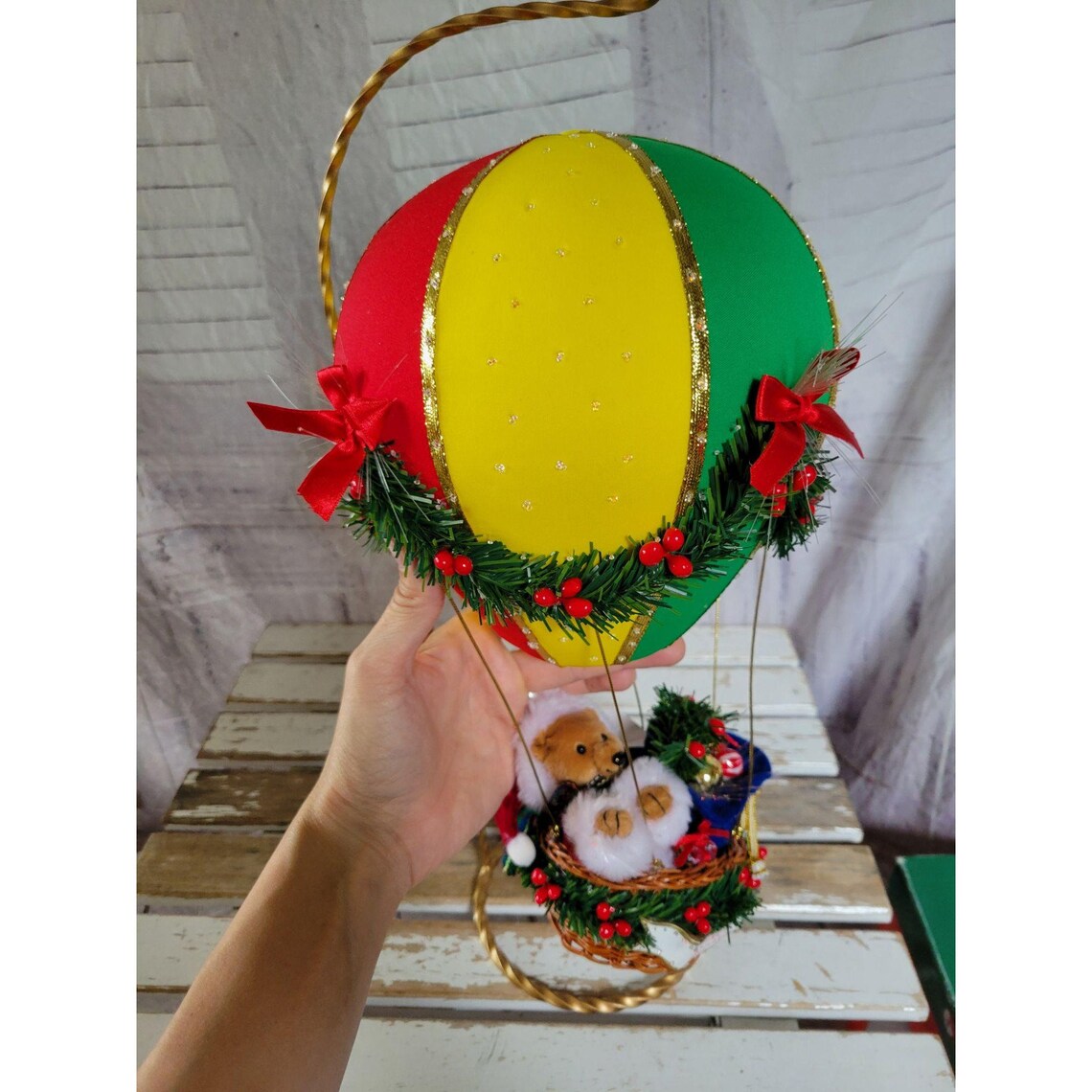 Fiber Optic Hot Air Balloon Teddy Bear Xmas Holiday Decor Centerpiece ...