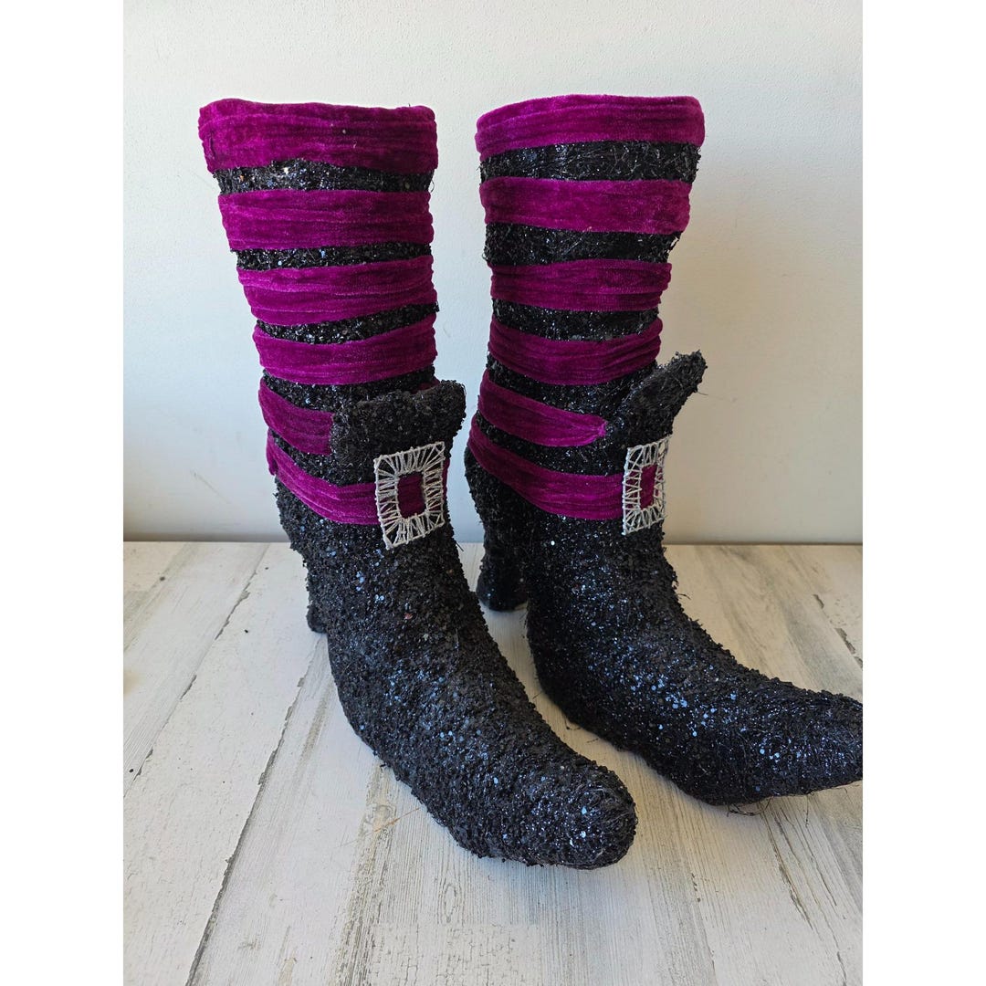Huge Glitter Witch Boots Shoes Halloween Decor Purple Velvet Beaded ...