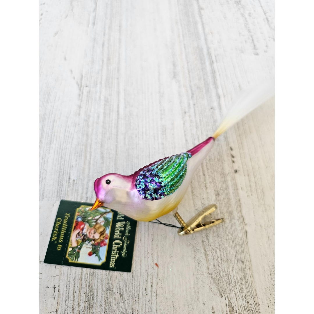 Old World OWC Woodland Finch Bird Clip Glass Ornament Pink Rainbow ...