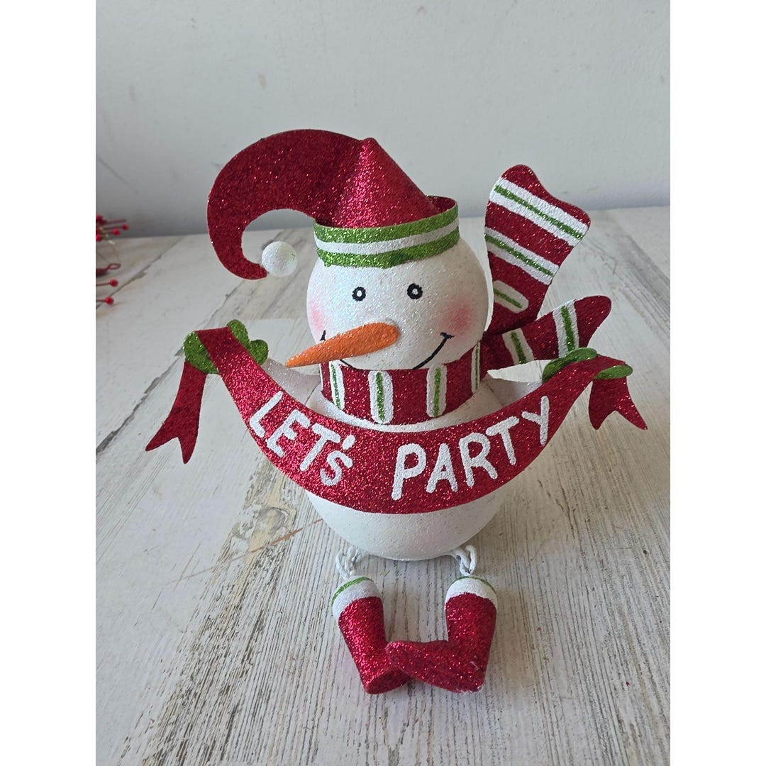 Pier 1? Metal Snowman Shelf Sitter Glitter Sparkle Red Xmas Decor ...