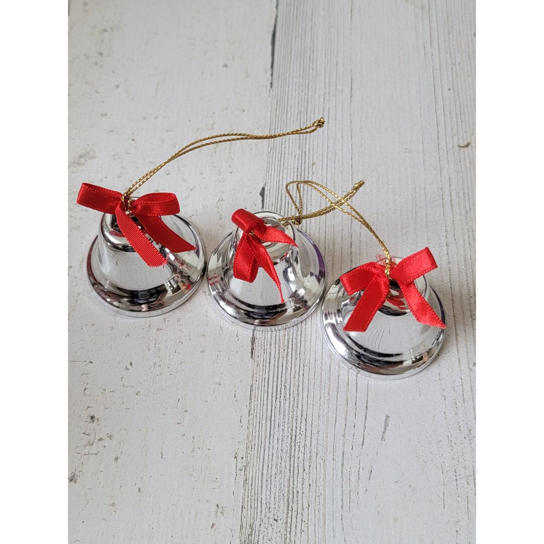 Silver Bell Set Red Bow Ornament Xmas Decor Metal - Etsy