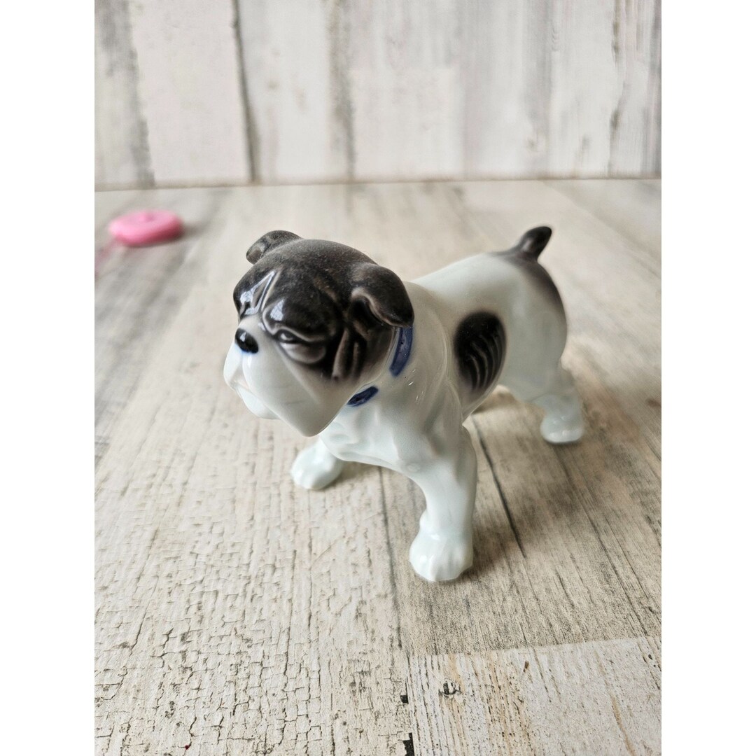 Vintage Porcelain Bulldog Dog Puppy Standing Spotted Black Figurine ...