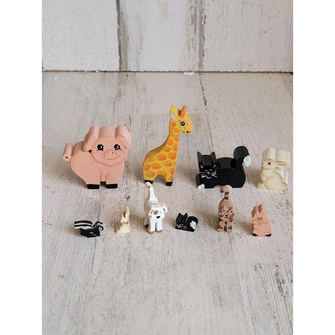 Vintage Mini Wooden Animals Giraffe Skunk Pig Dog Cat Bunny Set Decor ...