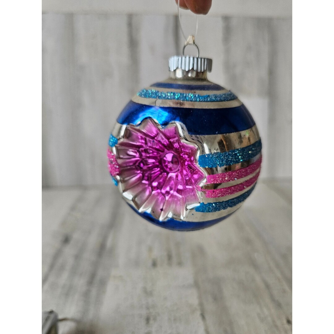 Vintage Radko Shiny Brite Reflector Blue Striped Ball Ornament Xmas ...