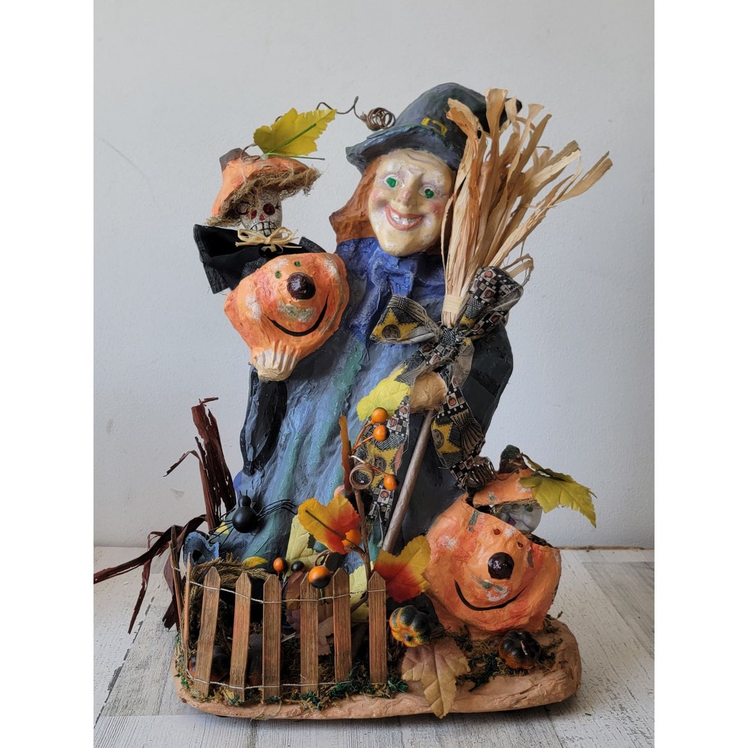 Vintage Witch Paper Mache Motion Activated Light up Halloween Skeleton ...