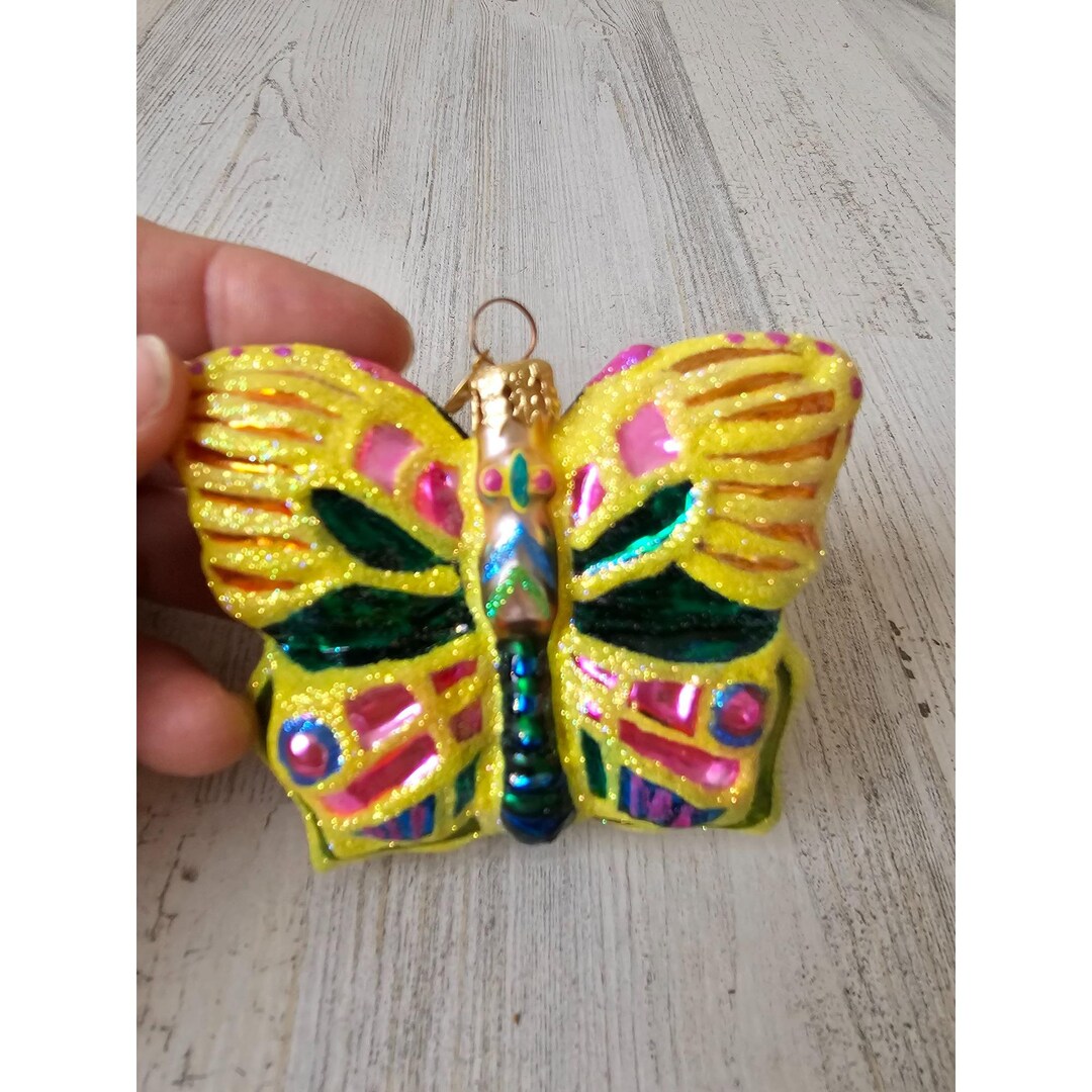 Vintage Radko All a Flutter Yellow Butterfly Sparkle Ornament Glass ...