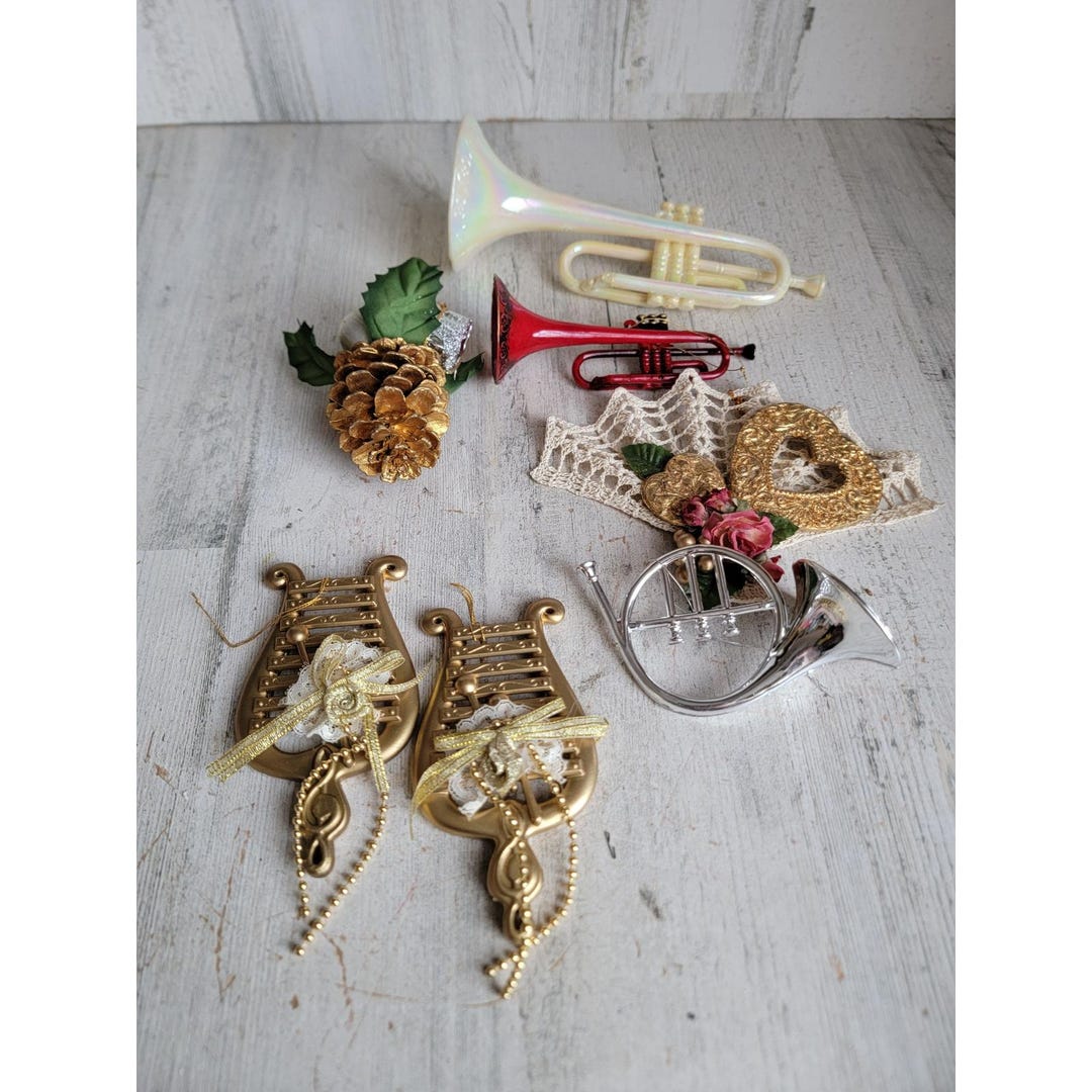 Vintage Angelic Musical Harp Horn Fan Pinecone Ornament Xmas Set Heart ...