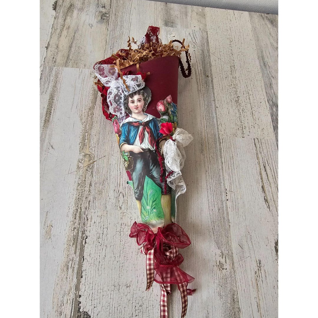 Victorian Cornucopia Paper Boy Hanging Decor Lace Ribbon - Etsy