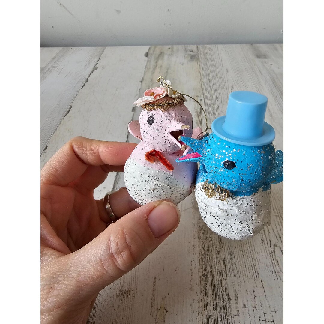 Vintage Paper Mache Blue Bird Putz ? Love Ornament Pink Xmas Tree Top ...