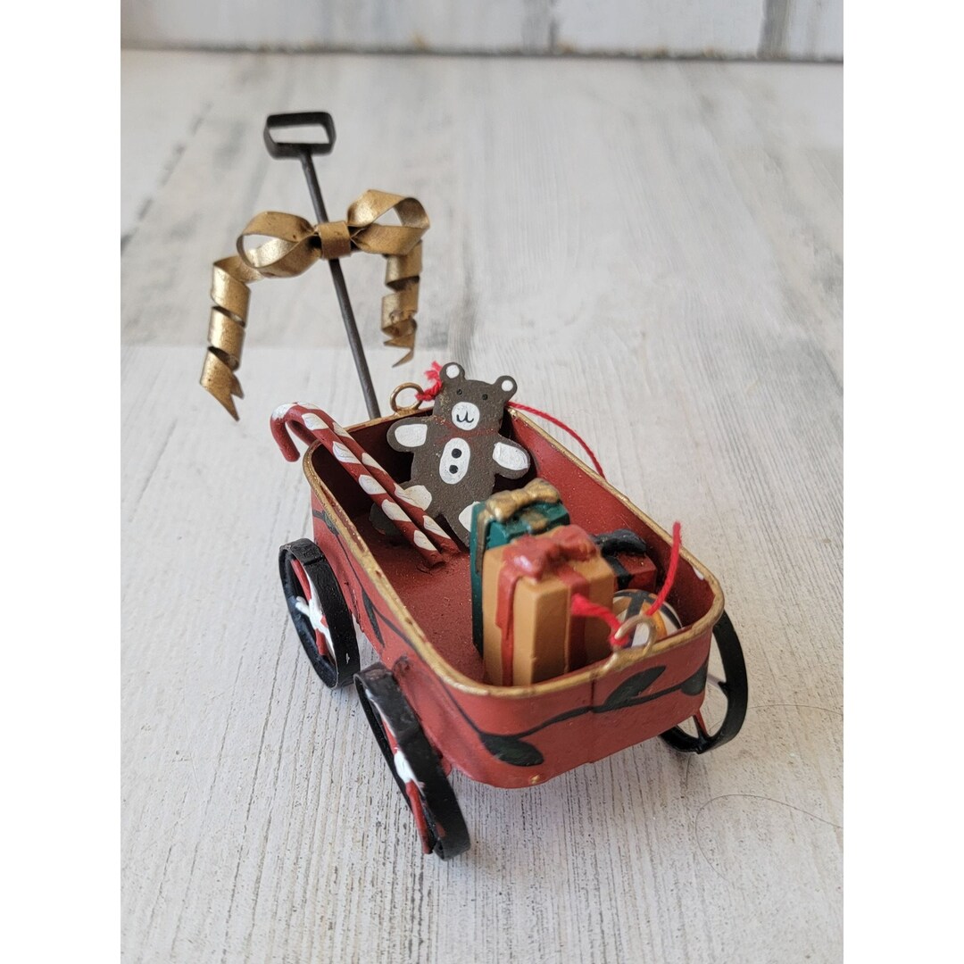 Red Wagon Gift Teddy Bear Candy Cane Ornament Xmas Decor - Etsy