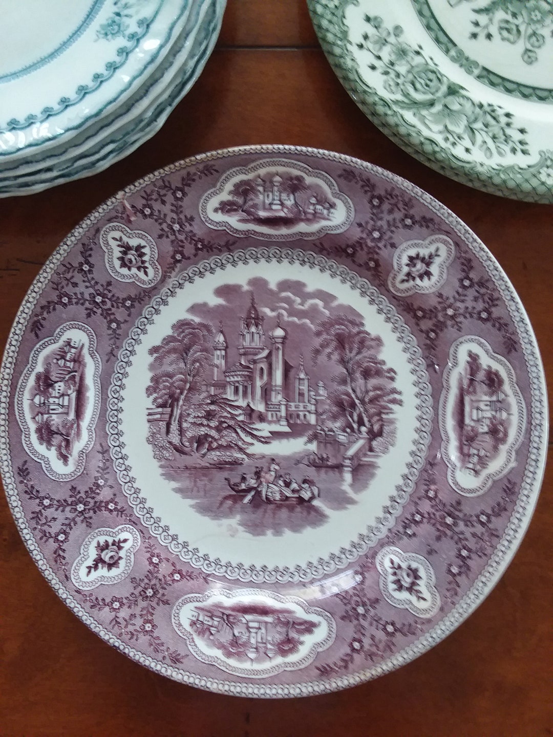 Burgundy Colored Dinner Plate With Boat and Castle Scene, England ...