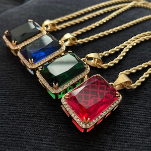 Premium Rectangle Red Black Green Blue Ruby Stone Pendant Iced 14k Gold ...