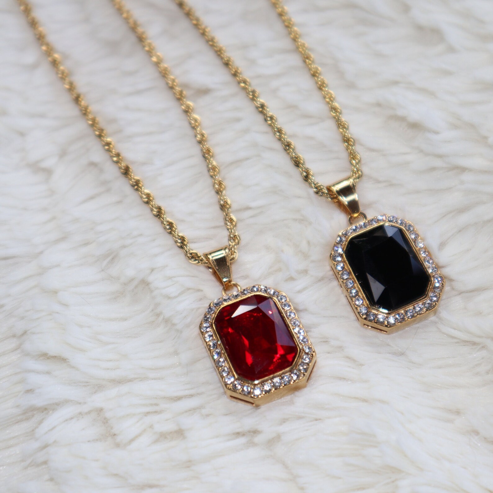 Rectangle Stone Pendant Red Black Green Blue Ruby Iced 14k Gold Diamond ...