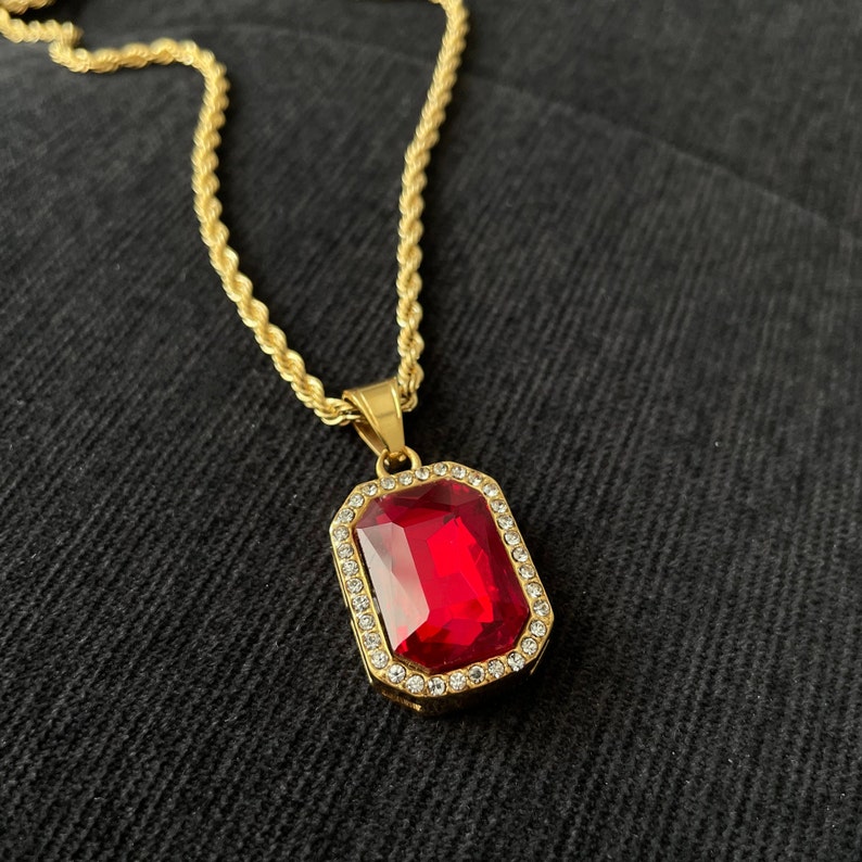 Rectangle Stone Pendant Red Black Green Blue Ruby Iced 14k Gold Diamond ...
