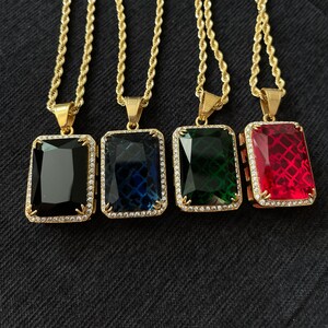 Premium Rectangle Red Black Green Blue Ruby Stone Pendant Iced 14k Gold ...