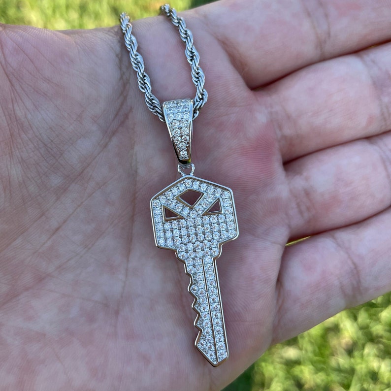 Key Pendant 14k White Gold Silver Iced Out CZ Diamond With - Etsy