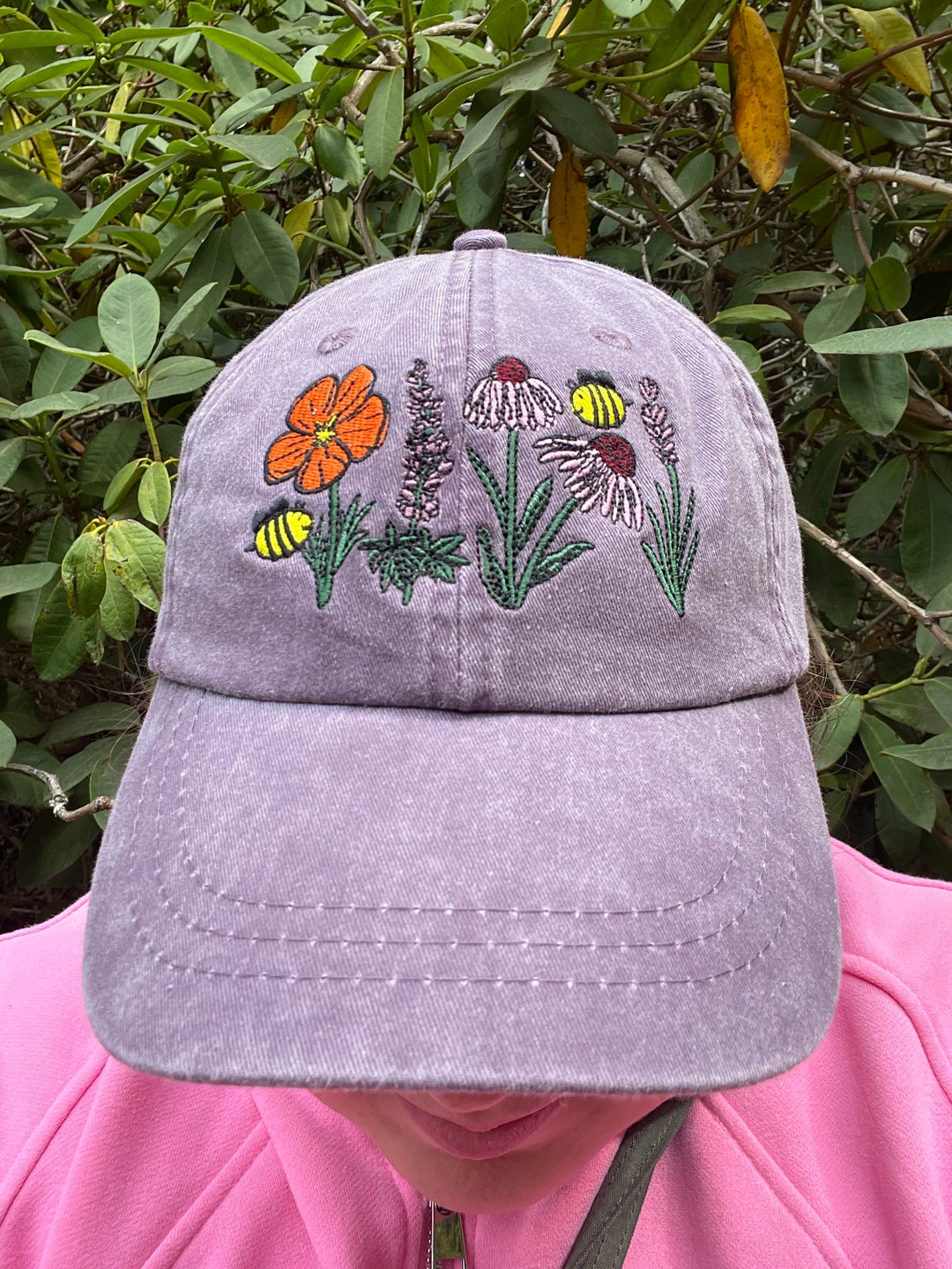 Bee and Wildflowers Embroidered Dad Hat | Purple Hat | Bee Lover ...