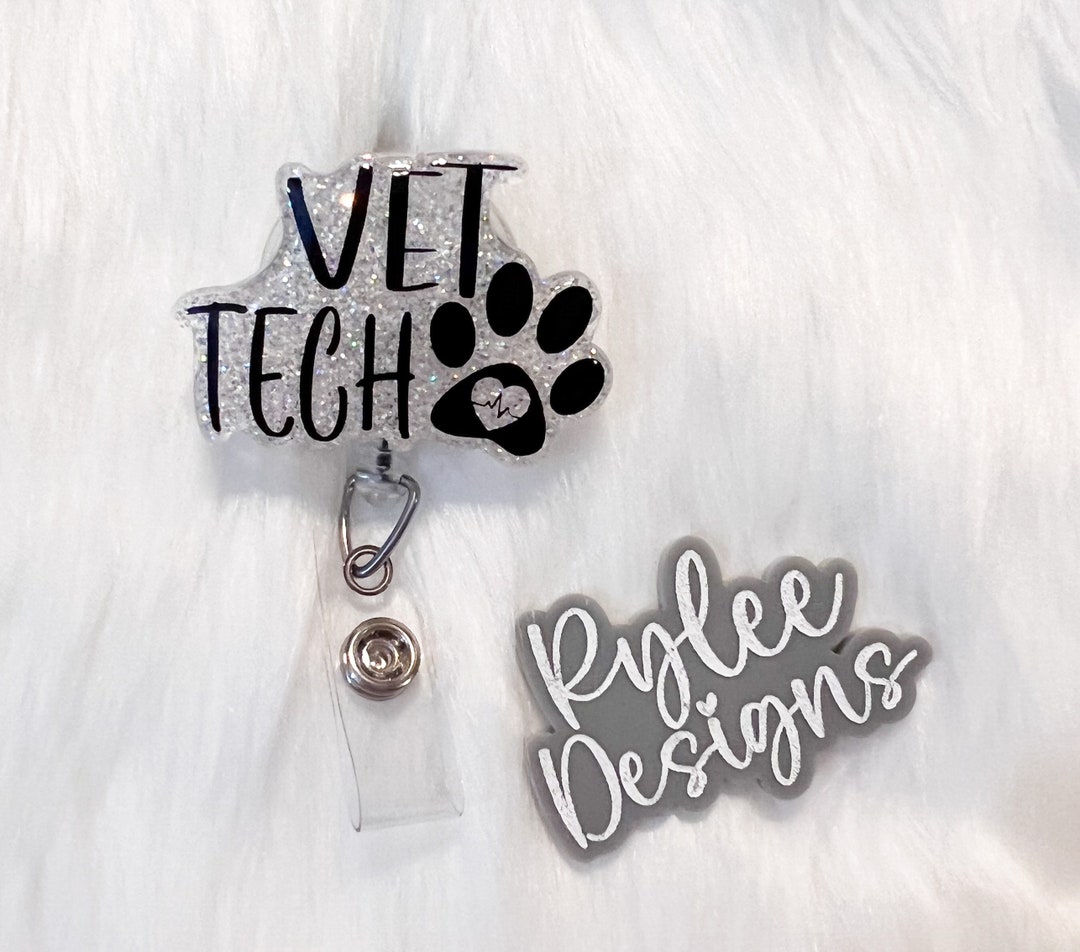 Vet Tech Badge Reel W/ Paw Print, Veterinary Technician ID Badge Holder ...
