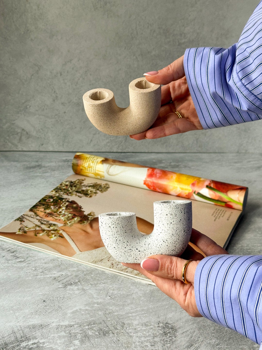 Handmade Stone Textured U Shaped Candlestick Holder: Dinner Table Decor ...