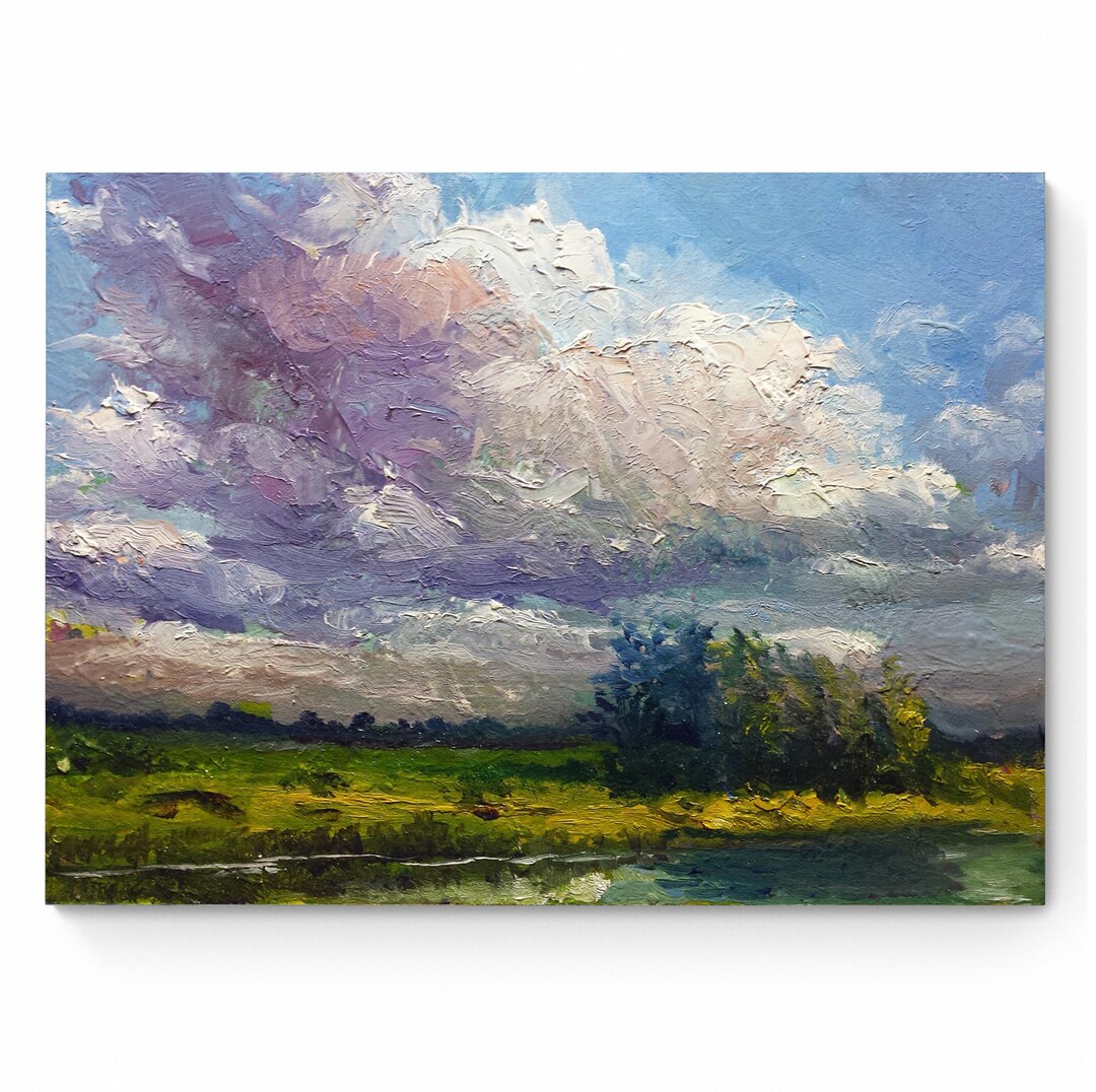 Lilac Pink Clouds Summer Green Bushes River Landscape Original Oil ...
