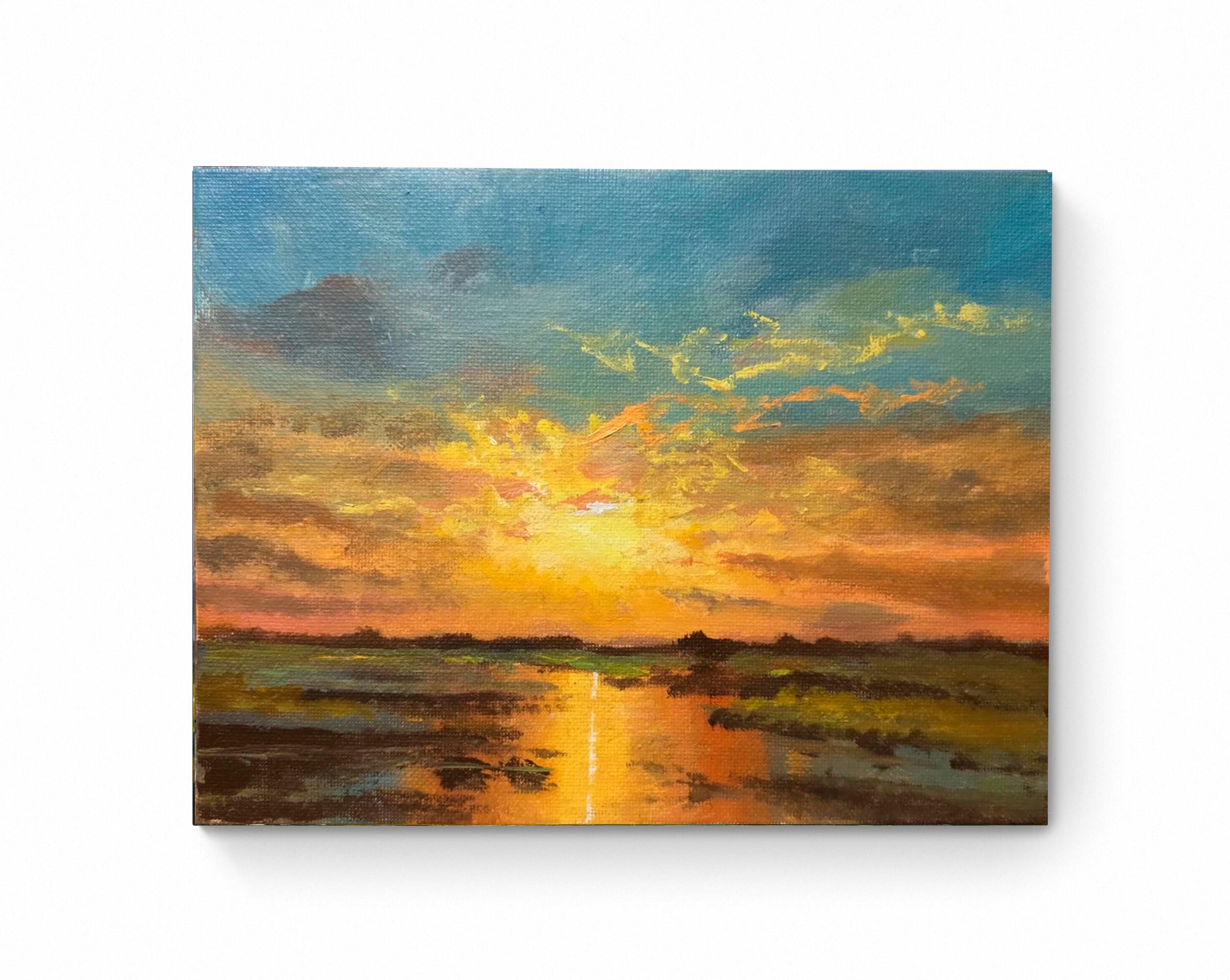 Original Oil Painting 8x6 Sunset Landscape Lake Clouds Oil Painting on ...