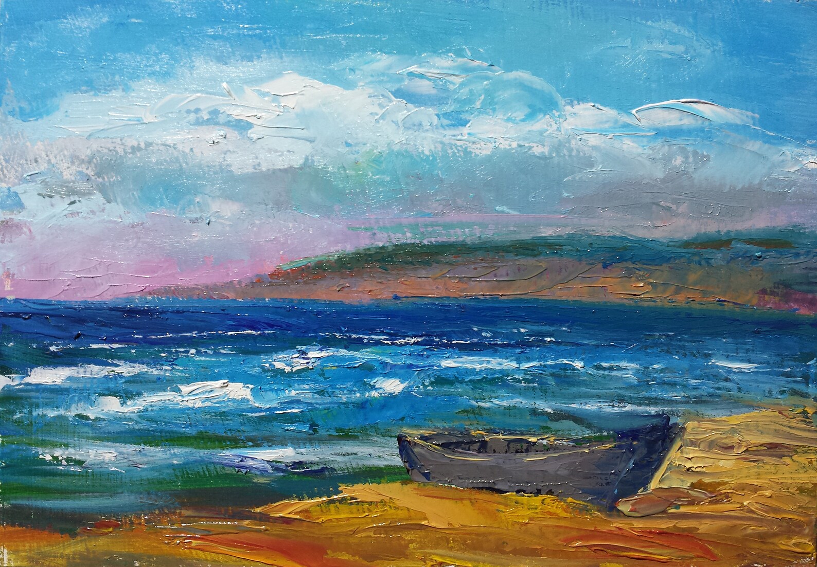 Boot am Meer Sonniger Strand blau Meer Sunny Seascape Gemälde | Etsy