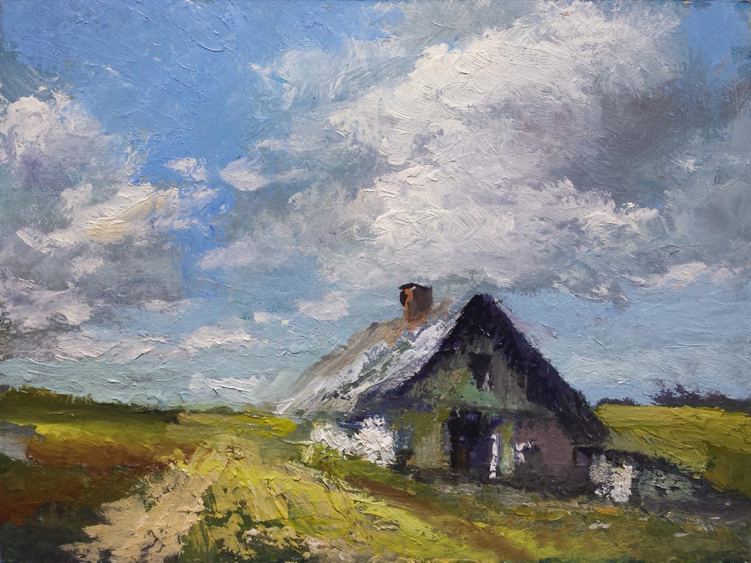 Original Oil Painting House on a Hill Grass the Color of Hay Country ...