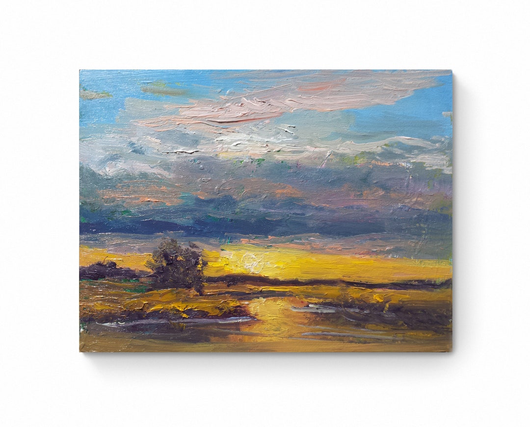 Original Oil Painting Sunset River Sun Bush Pond Clouds Landscape ...