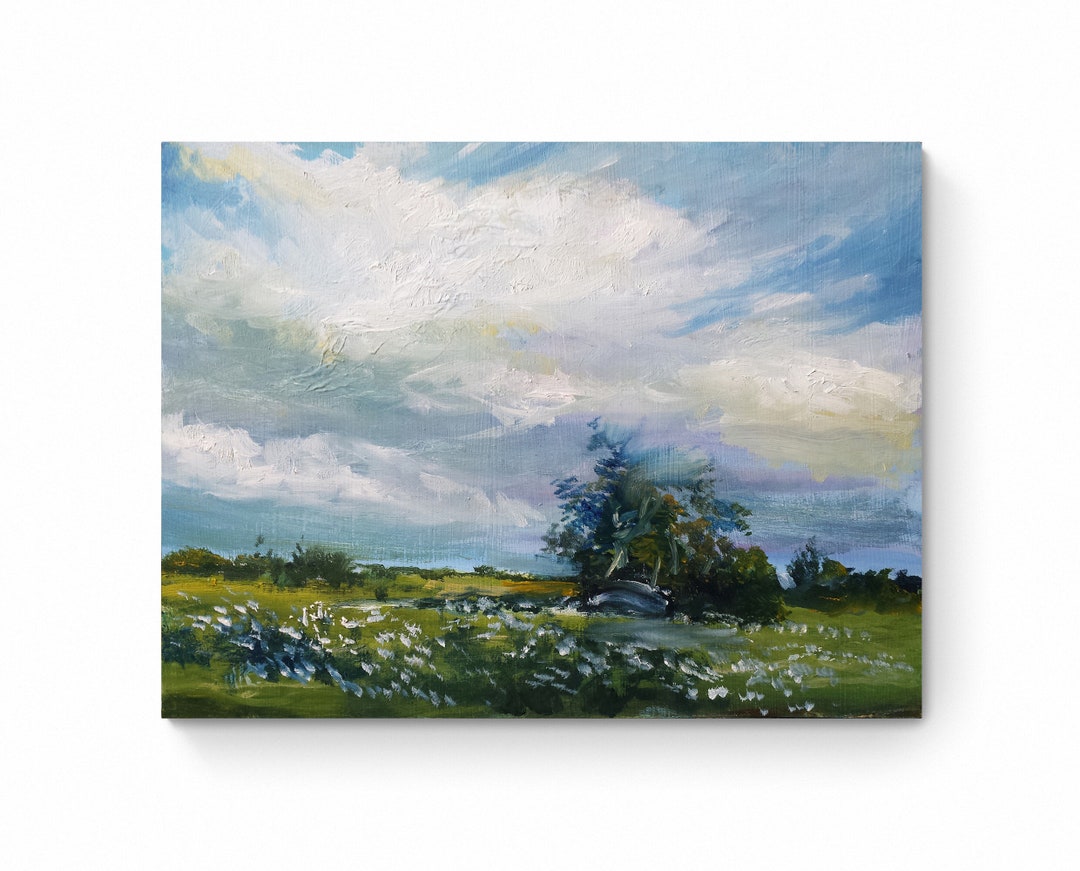 Summer Landscape Original Oil Painting Bush Clouds Green Fields Flowers ...