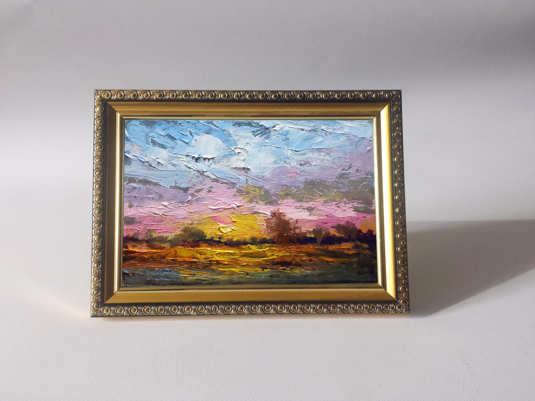 4x6 Oil Impasto Sunset Landscape Framed Original Painting on Panel ...
