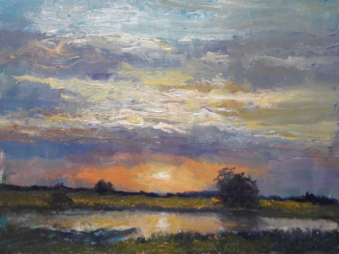 Original Landscape Painting Lilac Lake Clouds 6x8 Gift - Etsy